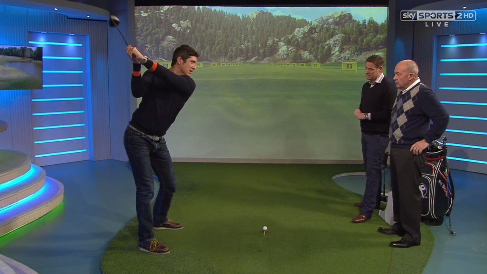 Vernon Kay gets tips from Denis Pugh in Shot Centre ahead of GolfSixes ...
