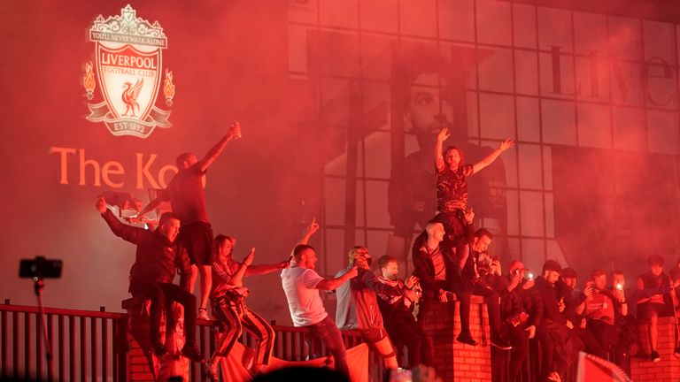 Liverpool lift Premier League trophy: Champions celebrate on Kop at ...